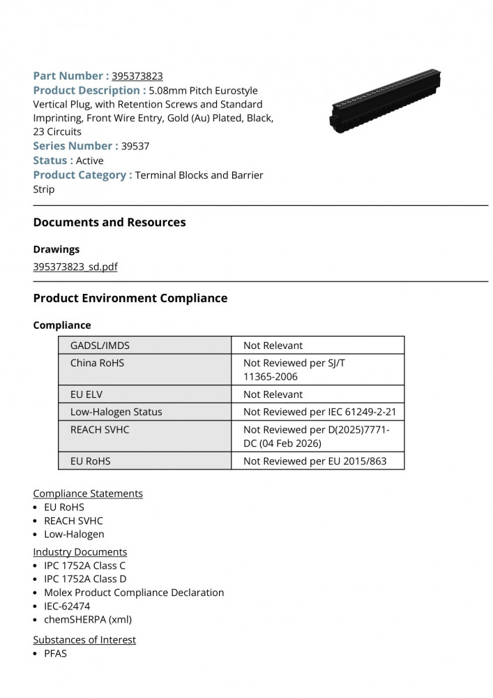 Molex 39537 series product drawing, page 1