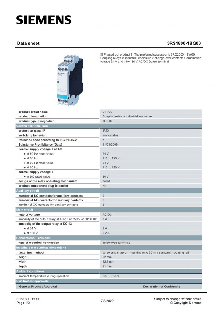 SIEMENS 3RS1800-1BQ00 datasheet page 1