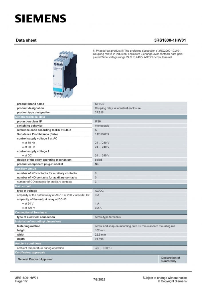 SIEMENS 3RS1800-1HW01 datasheet page 1