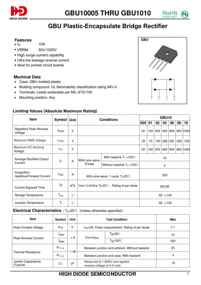 GBU1010 datasheet page 1