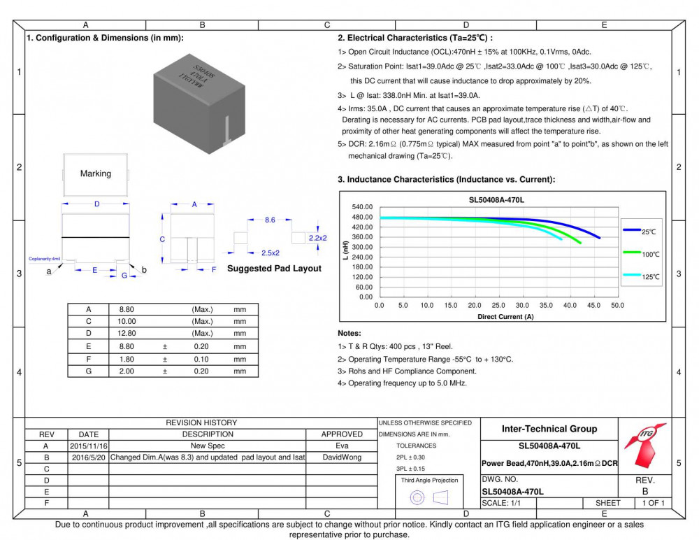 SL50408 product specification and mechanical drawing