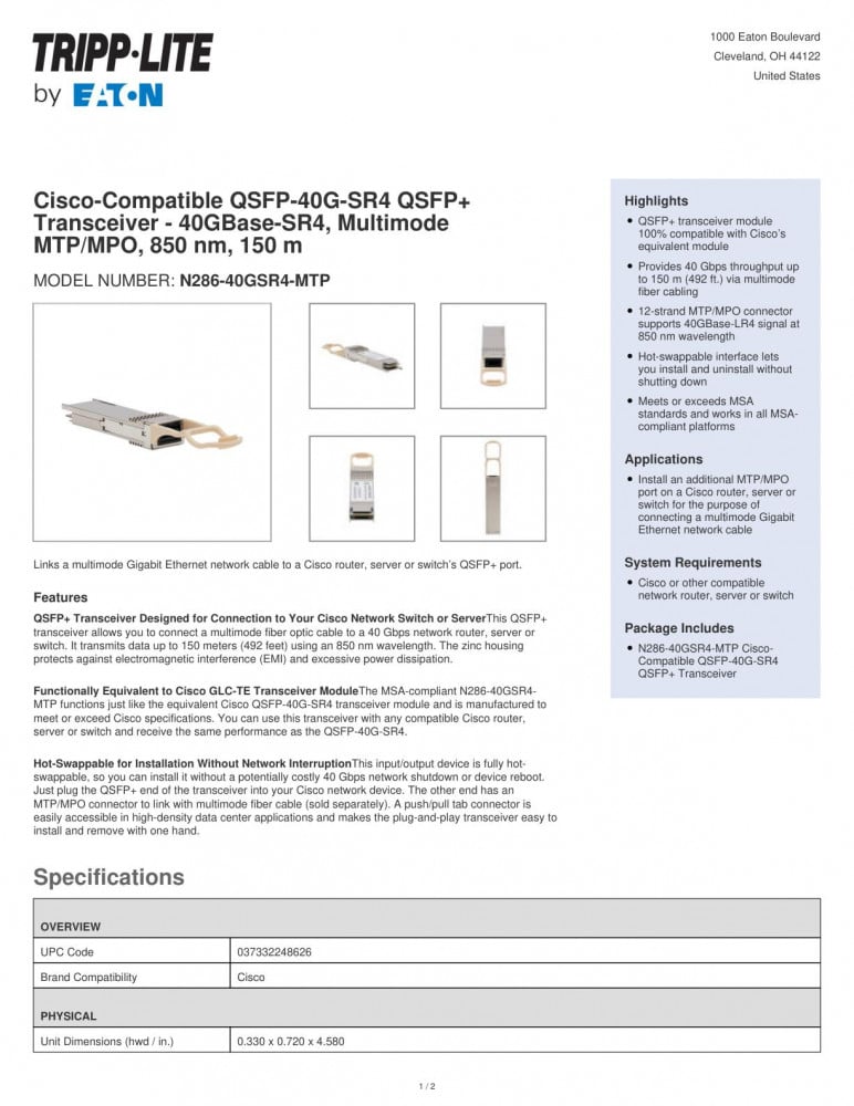 N286-40GSR4-MTP technical document page 1