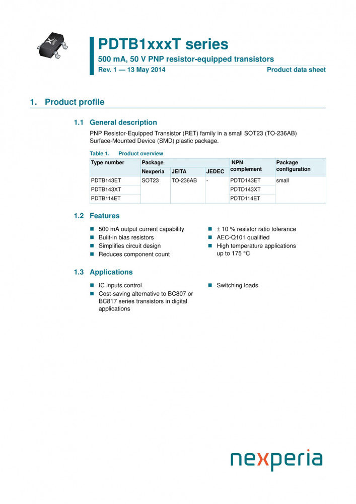 PDTB143XTVL datasheet page 1