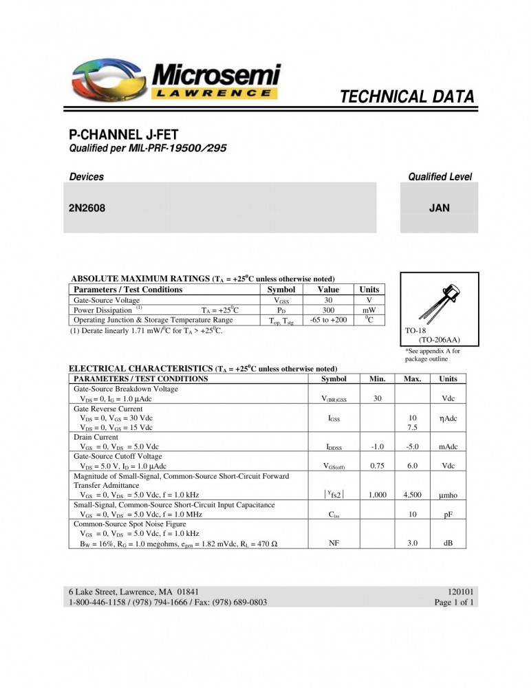 2N2608 P-channel JFET technical document page
