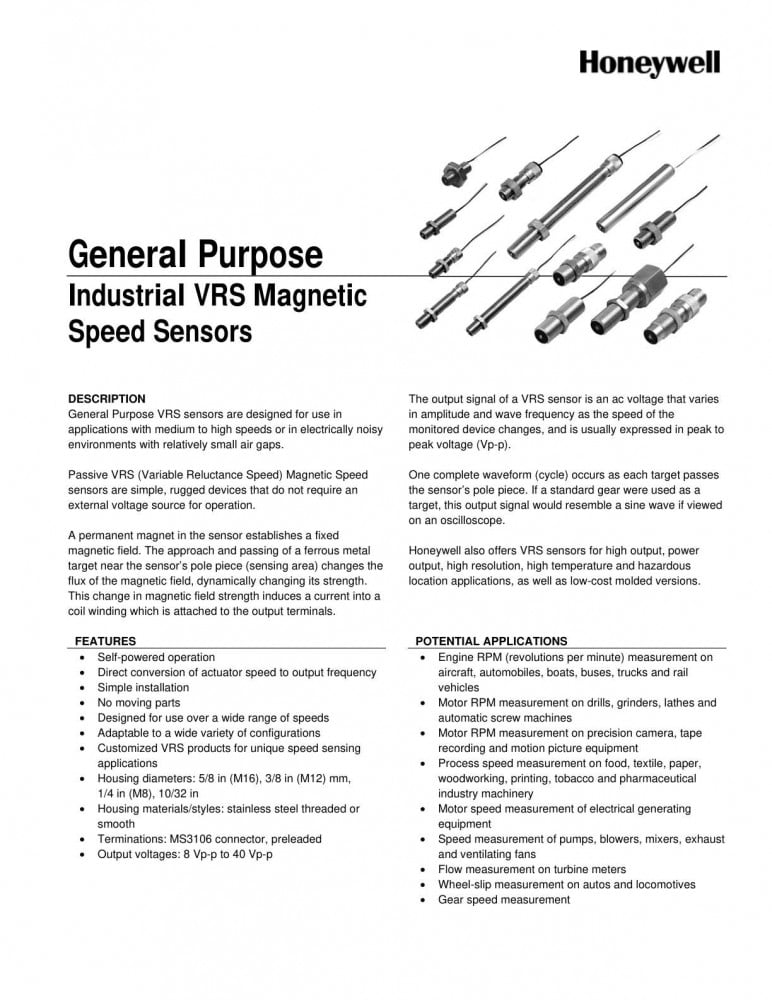 Honeywell VRS sensor documentation page 1