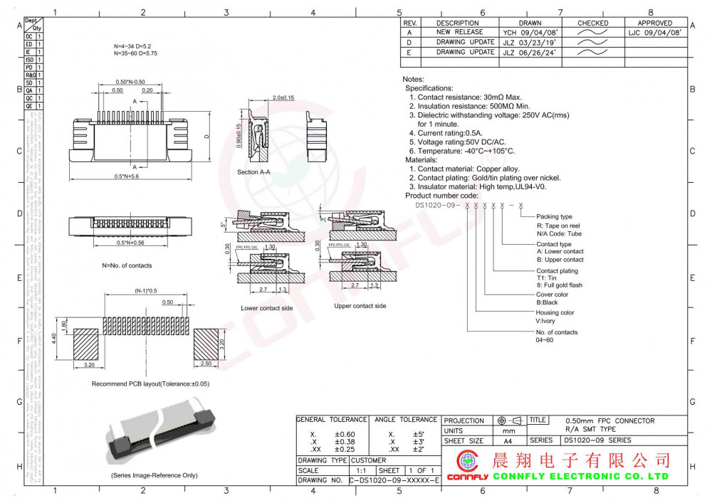 CONNFLY Elec DS1020-09-14VBT1B-R technical document preview