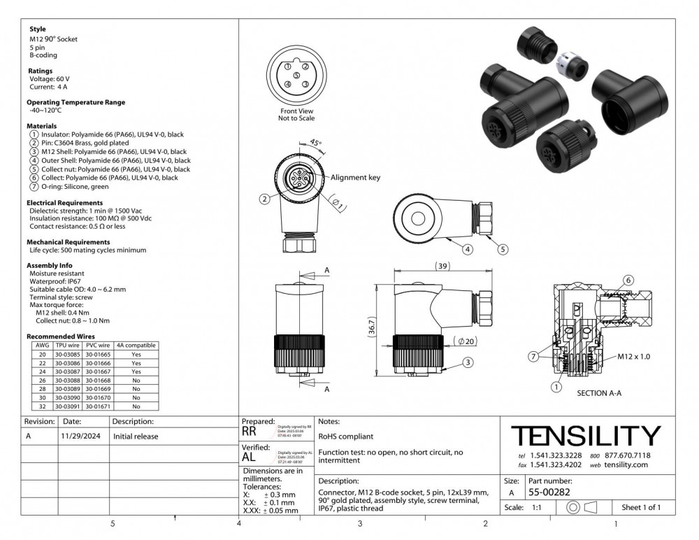 55-00282 M12 B-coded 5-pin right-angle socket product drawing