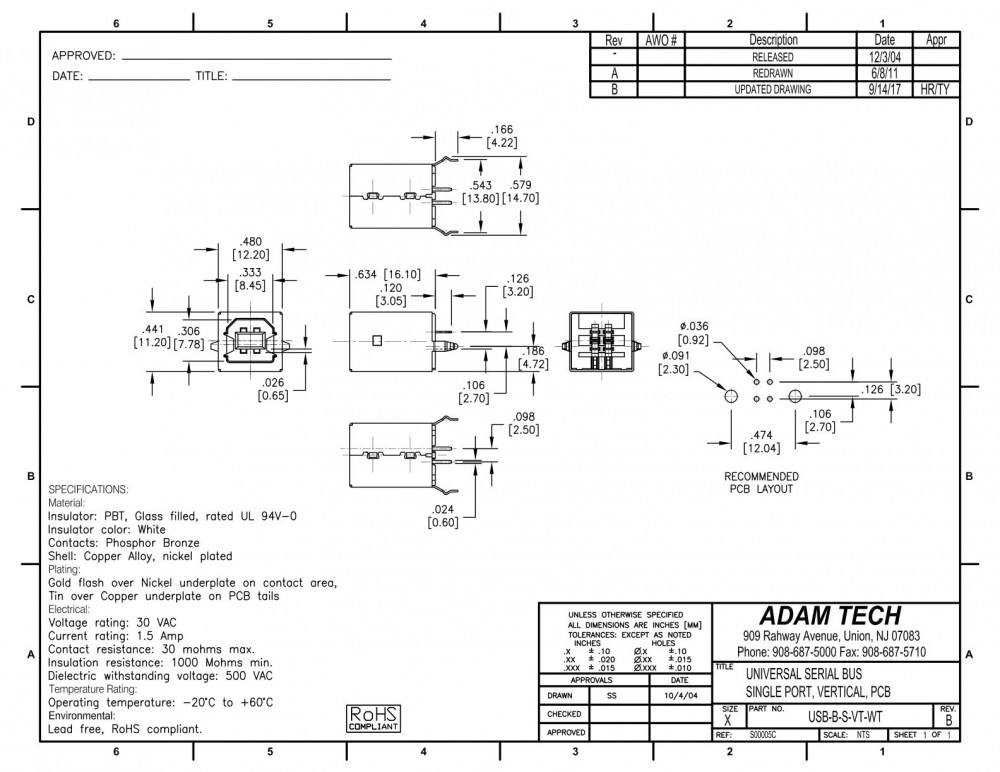 ADAM TECH USB-B-S-VT-WT product drawing preview