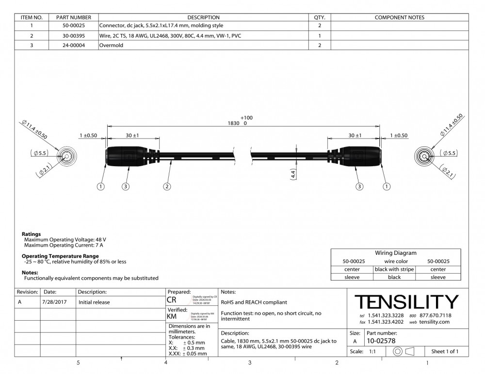 Tensility International 10-02578 cable assembly drawing