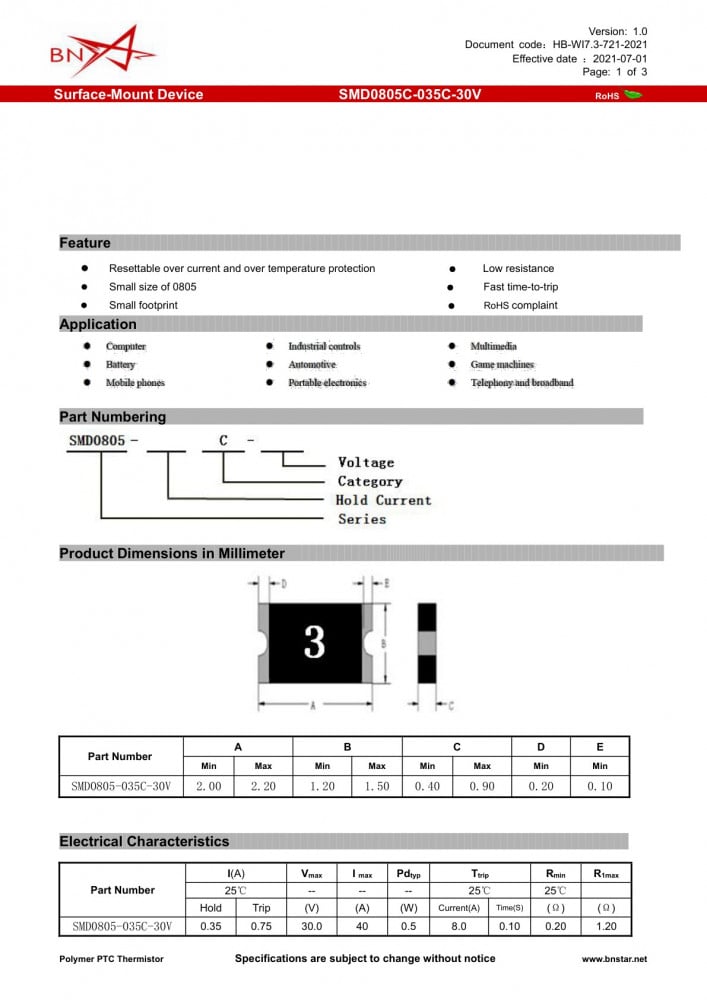 BNstar SMD0805-035C-30V datasheet page 1