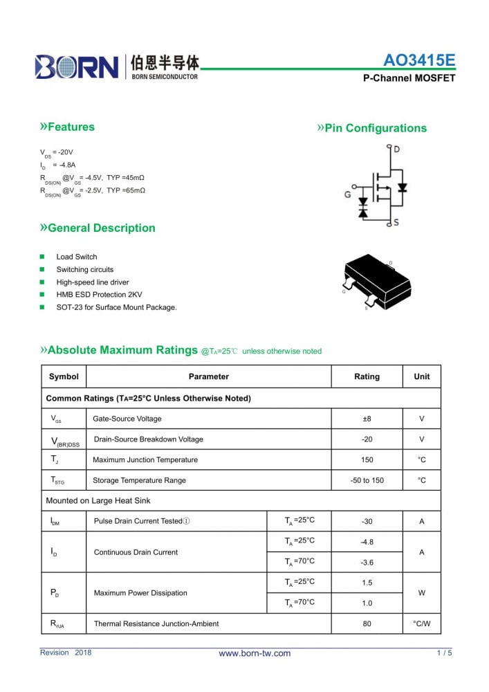 AO3415E datasheet page 1