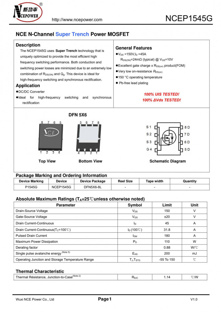 NCEP1545G datasheet page 1
