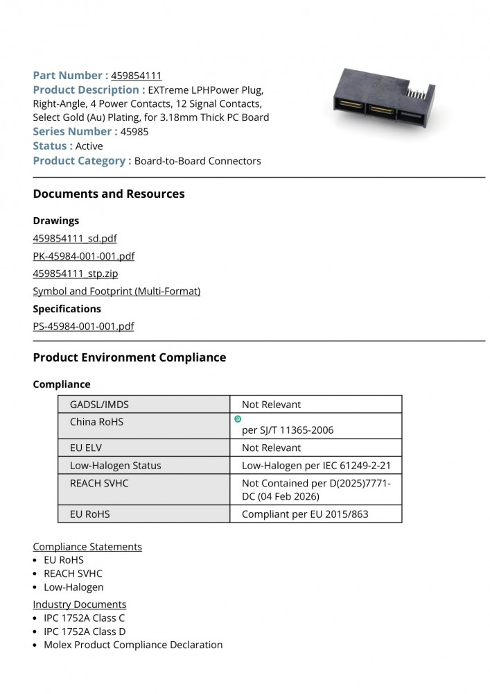 MOLEX 459854111 technical document page 1