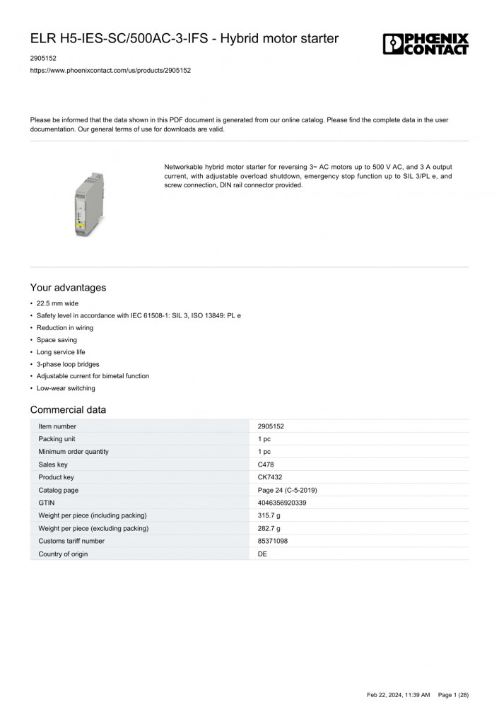 Phoenix Contact 2905152 technical document page 1
