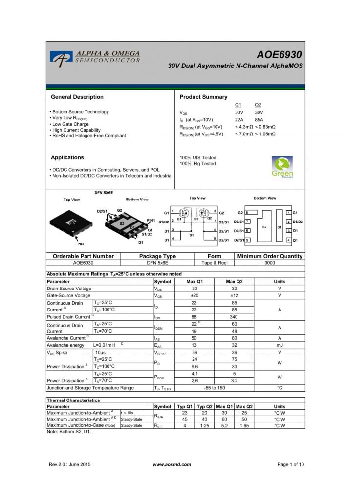 AOE6930 datasheet page 1