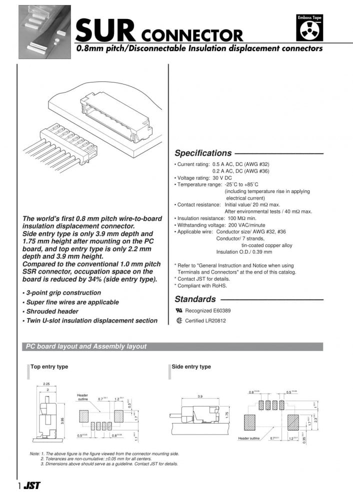 JST SUR series connector technical document page 1