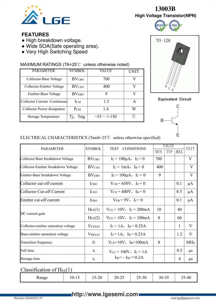 LGE 13003B datasheet page 1