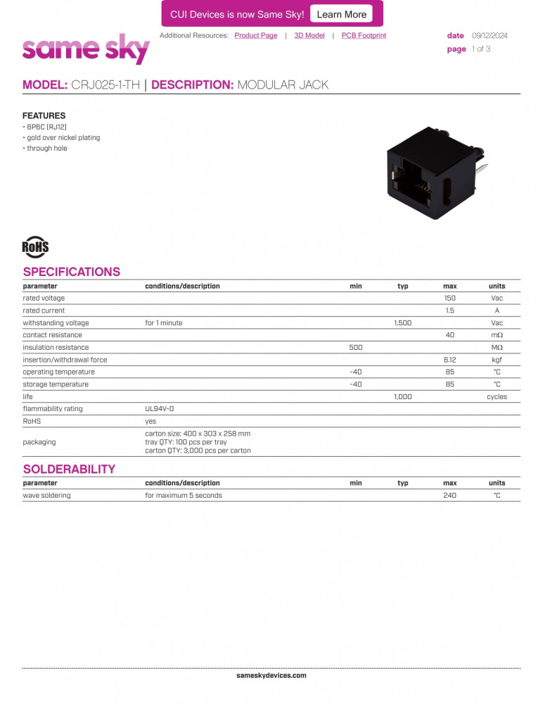 CRJ025-1-TH technical document page 1