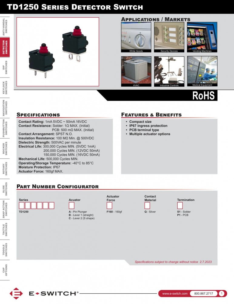 TD1250 detector switch datasheet page 1