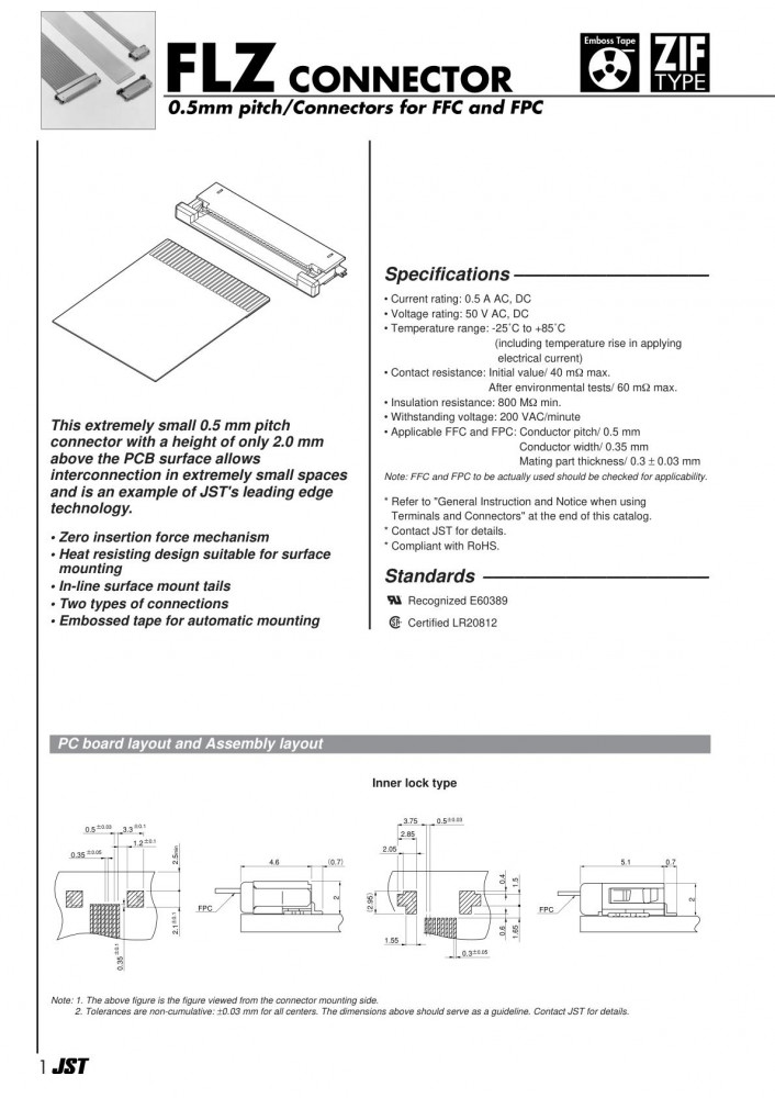 JST FLZ connector datasheet page 1