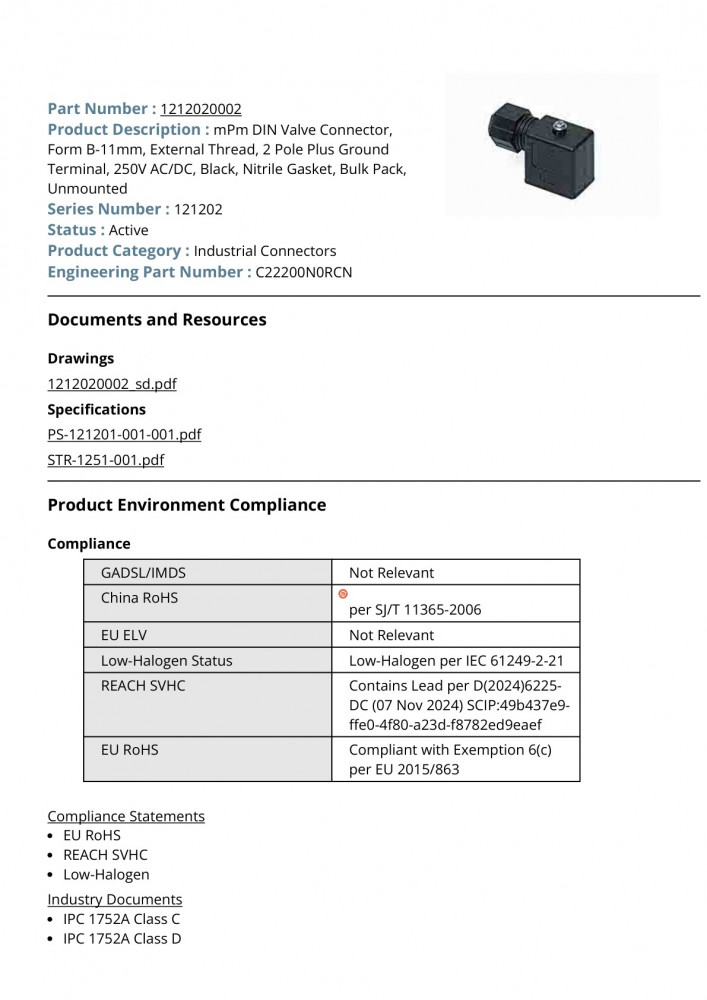 DIN valve connectors specification, document page 1