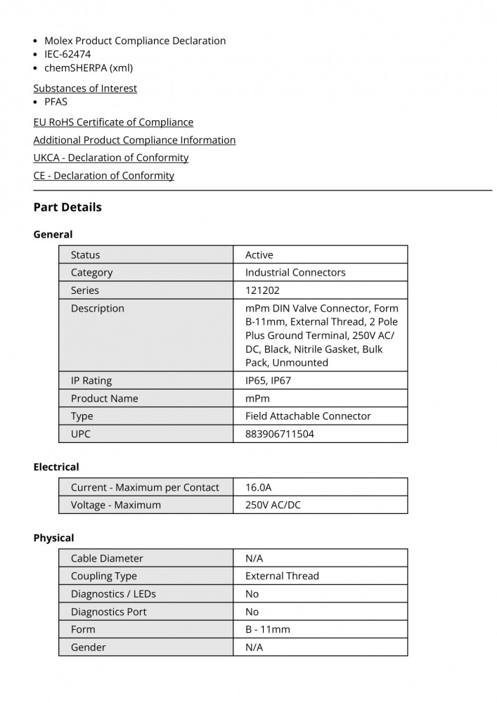 DIN valve connectors specification, document page 2