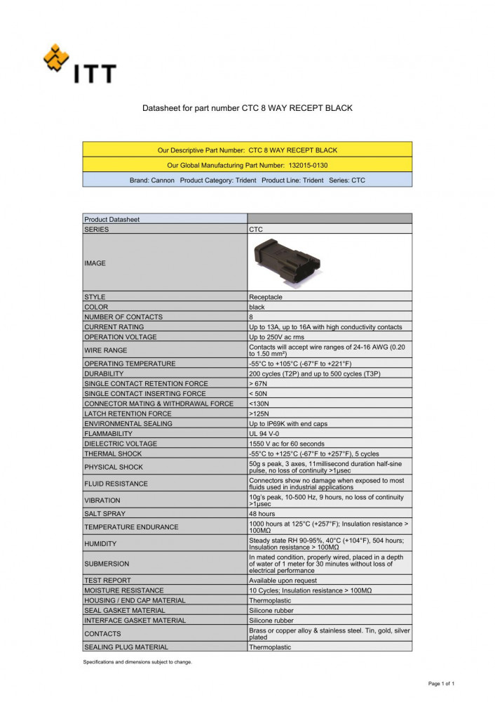 ITT CANNON 132015-0130 technical document preview