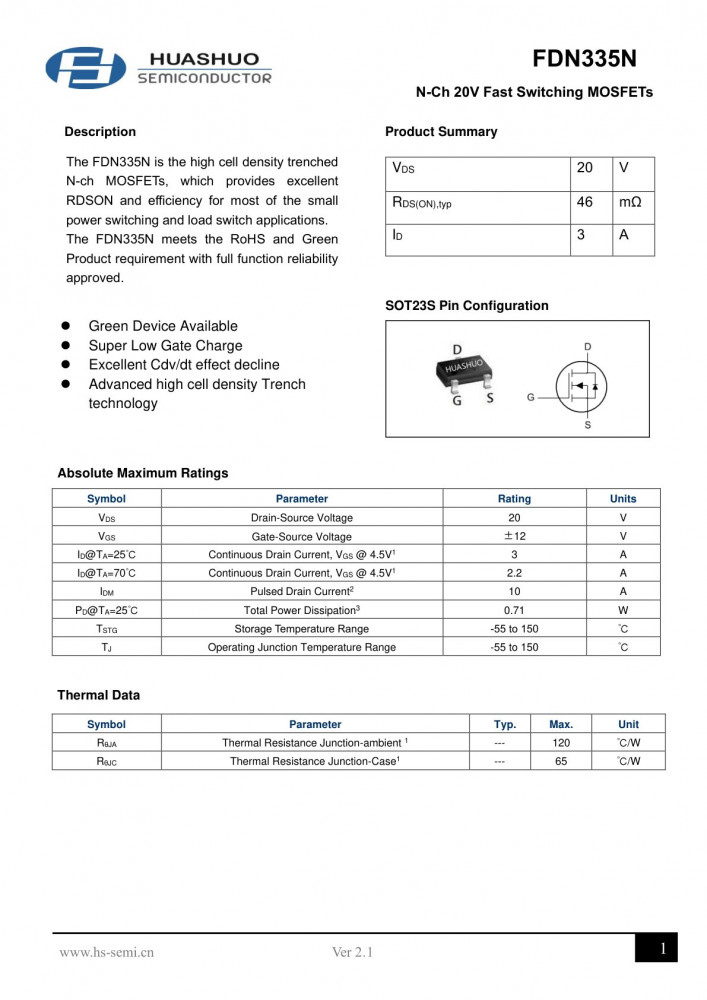 FDN335N datasheet page 1