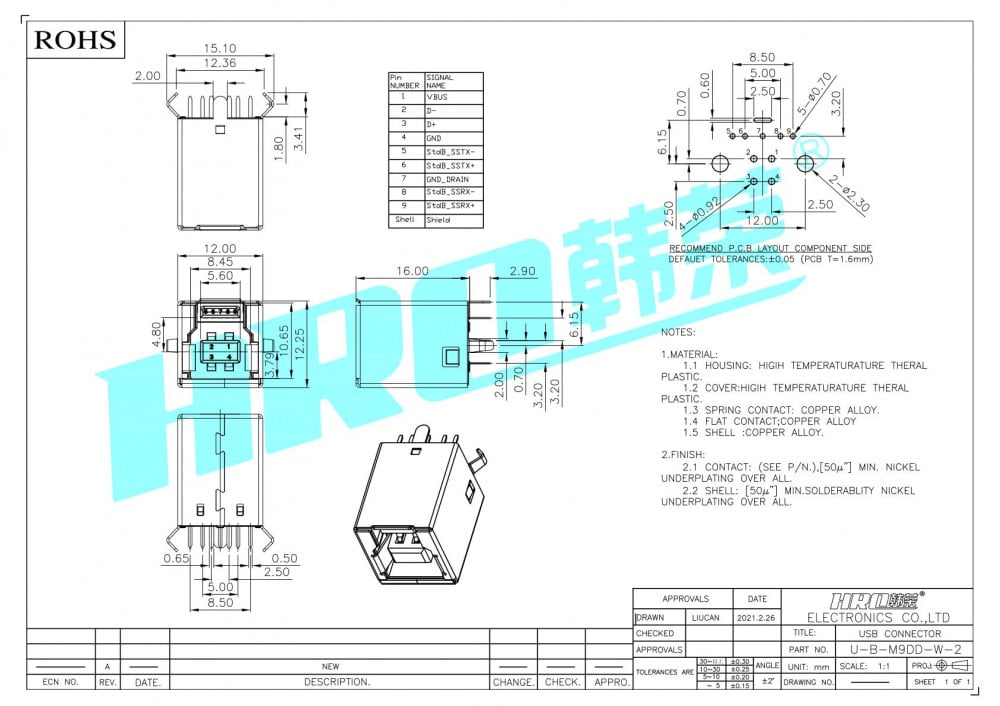 U-B-M9DD-W-2 USB connector technical drawing