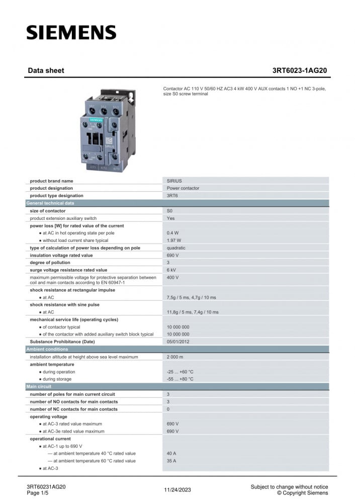 3RT60231AG20 technical document page 1