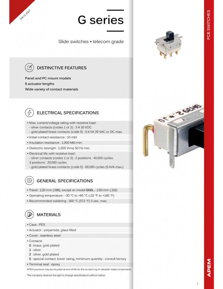 APEM G series datasheet page 1