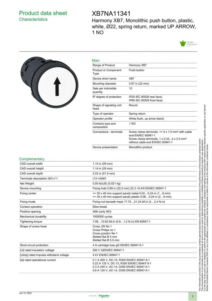 XB7NA11341 technical document page 1