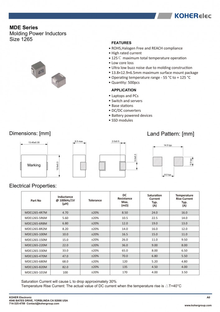KOHERelec MDE1265 series datasheet page