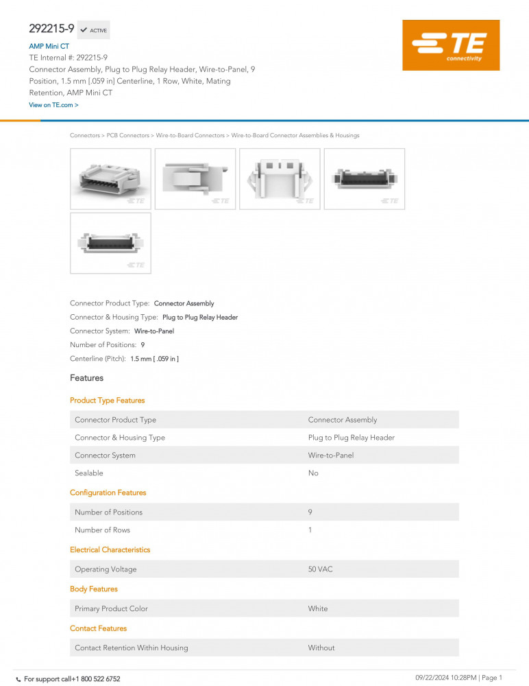 TE Connectivity 292215-9 technical document page 1