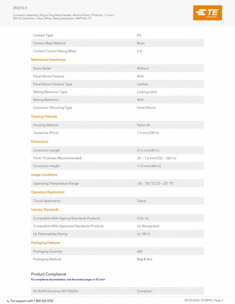 TE Connectivity 292215-9 technical document page 2