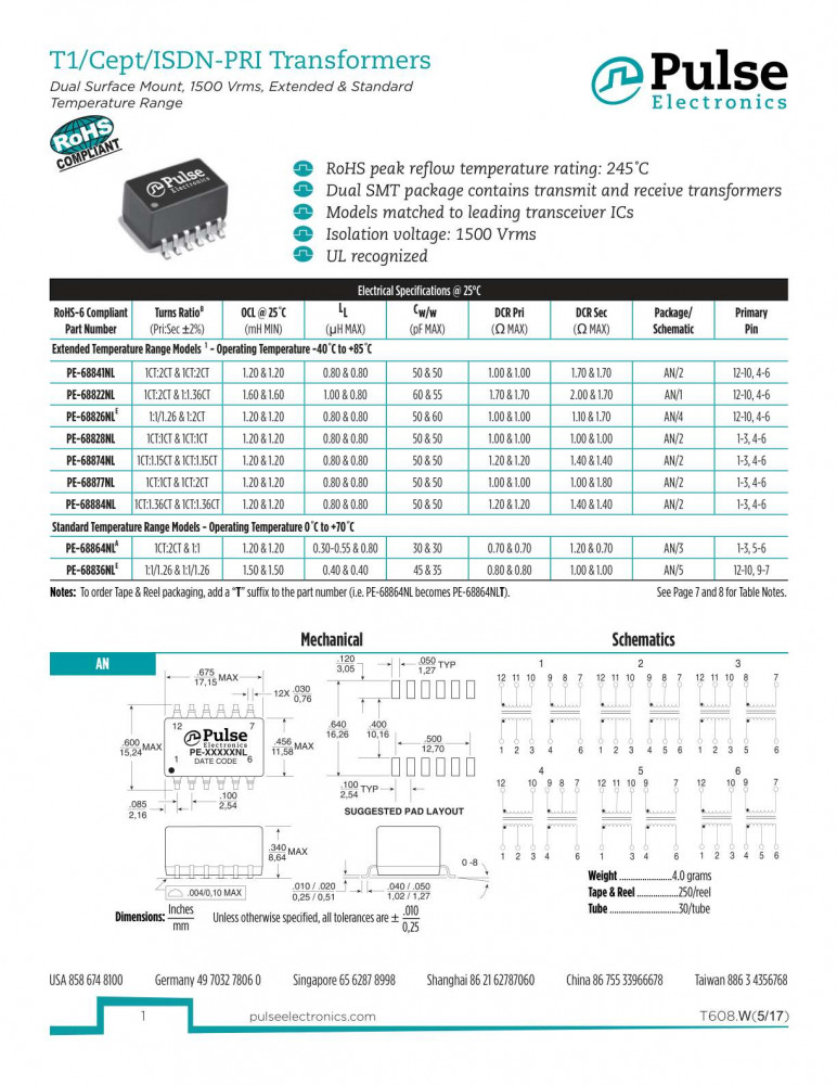 PULSE telecom transformer datasheet page 1