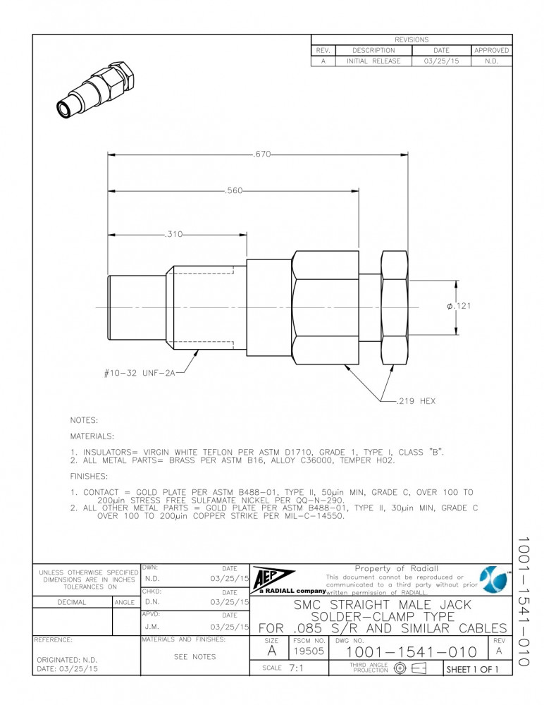Radiall 1001-1541-010 technical drawing page