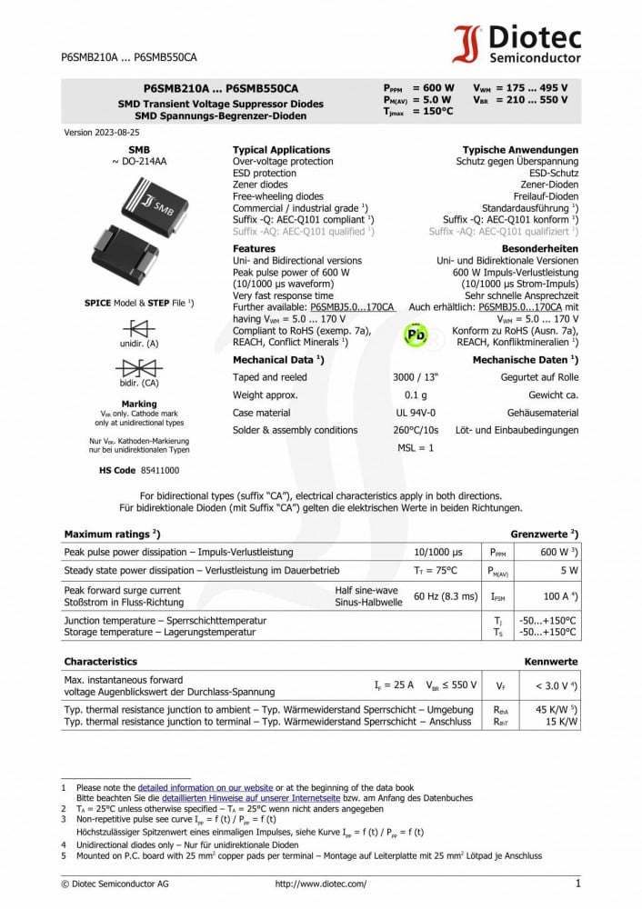 DIOTEC P6SMB series datasheet page 1