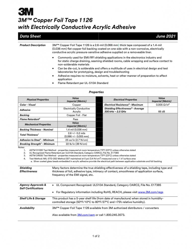3M Copper Foil Tape 1126 datasheet page 1