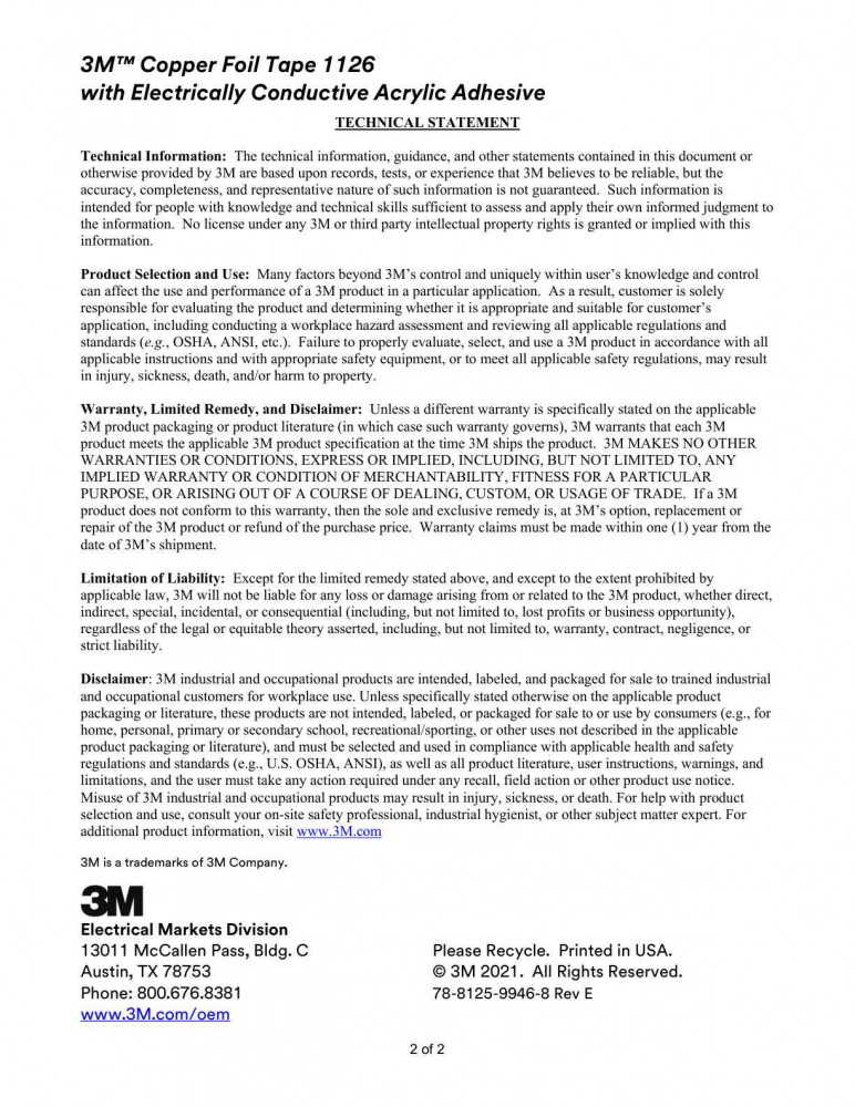 3M Copper Foil Tape 1126 datasheet page 2