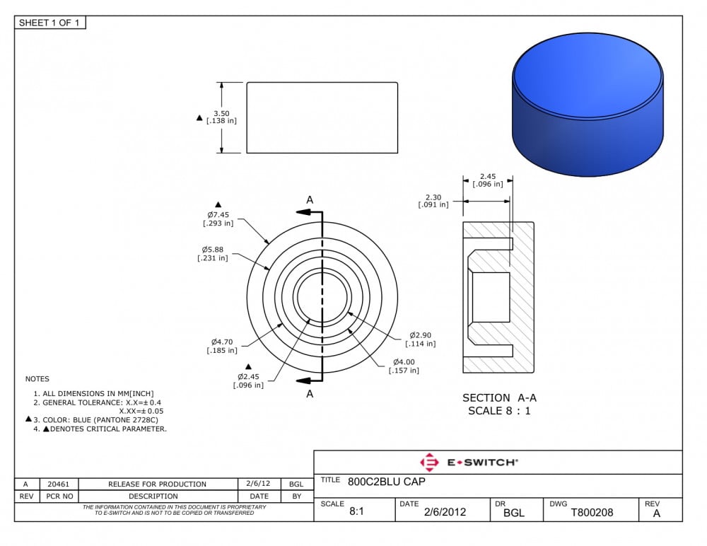 E-Switch 800C2BLUCAP technical drawing