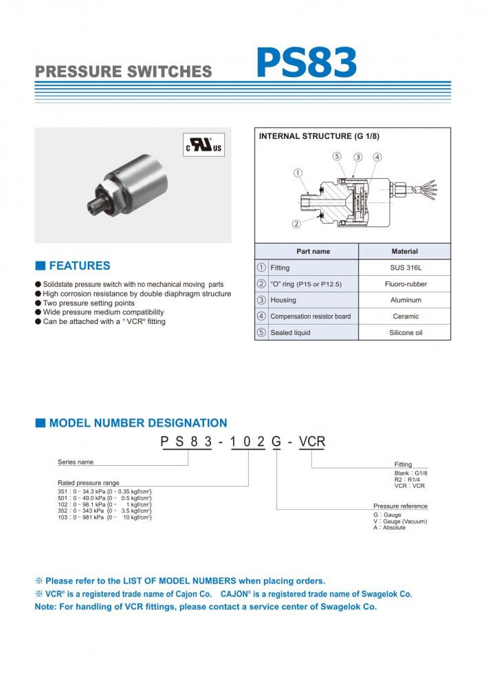PS83 pressure switch documentation, page 1