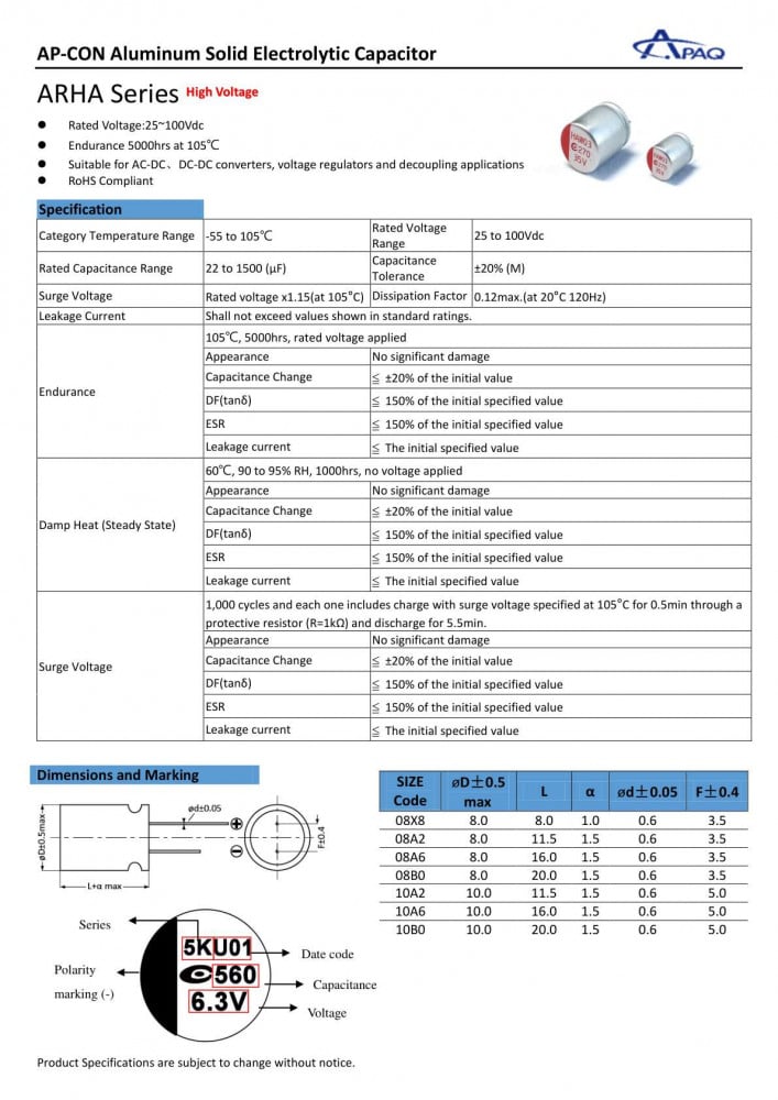 APAQ ARHA Series datasheet page 1