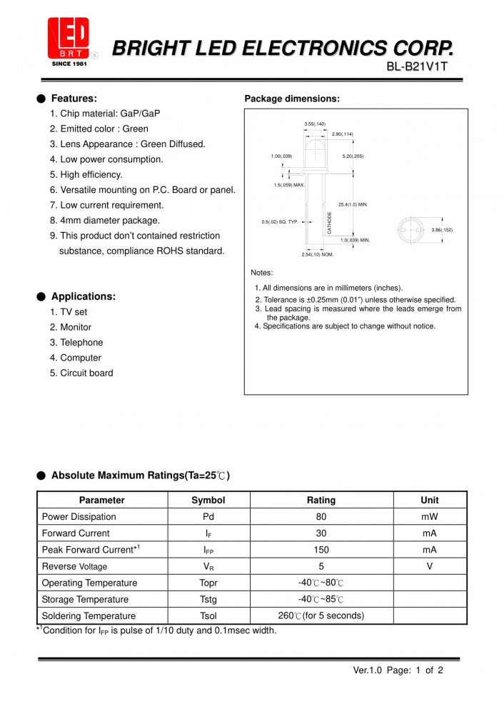 BL-B21V1T manufacturer datasheet page 1