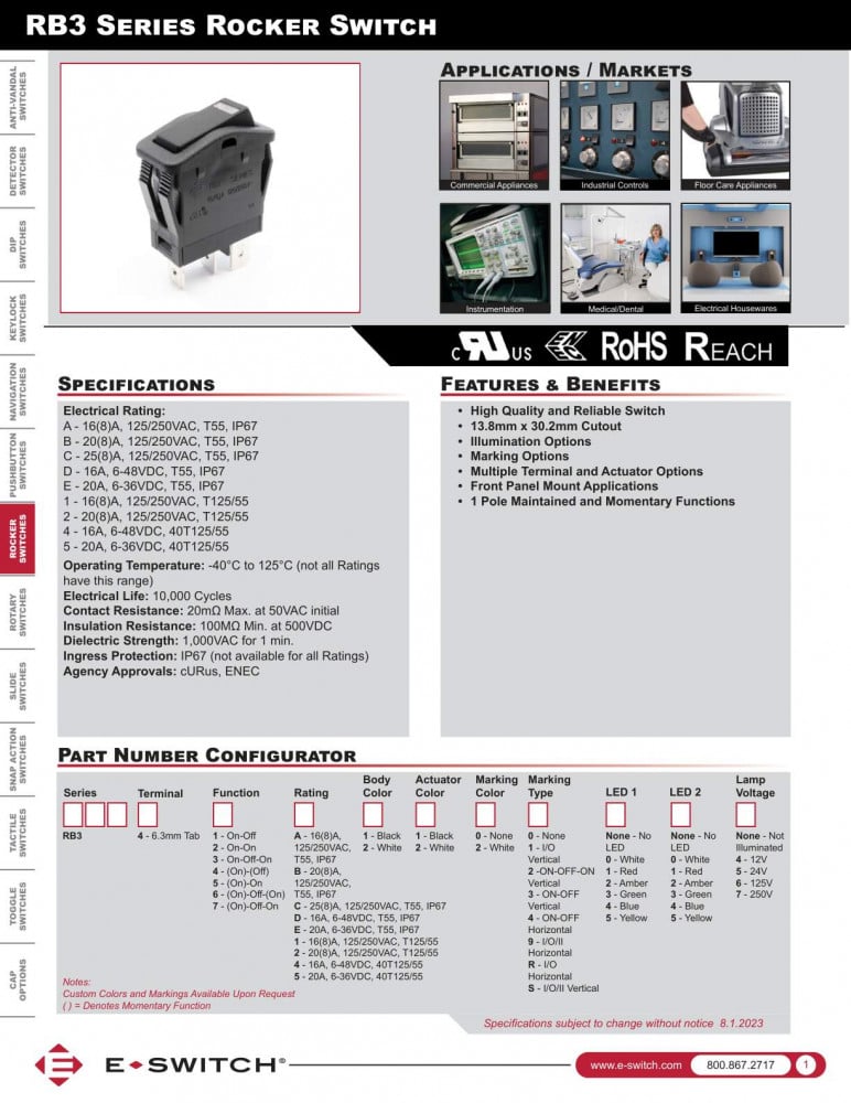E-Switch RB3 series technical document page 1