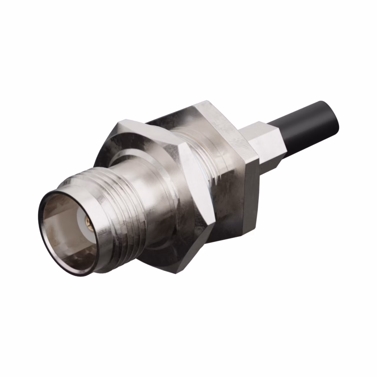 TNC Jack, Straight, Bulkhead, Crimp, RG-141, RG-303 and RG-58 Cable, Brass Body, Nickel (Ni) Plated, 50 Ohms for sale