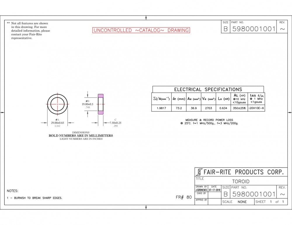 Fair-Rite 5980001001 technical document page