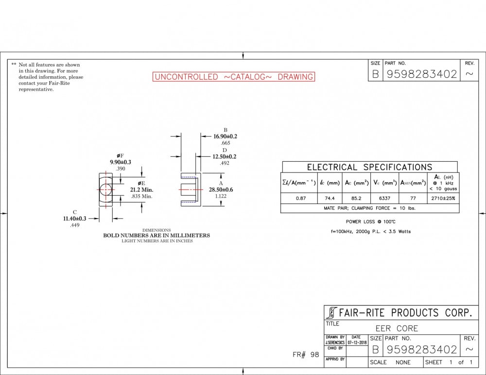 Fair-Rite 9598283402 technical drawing page