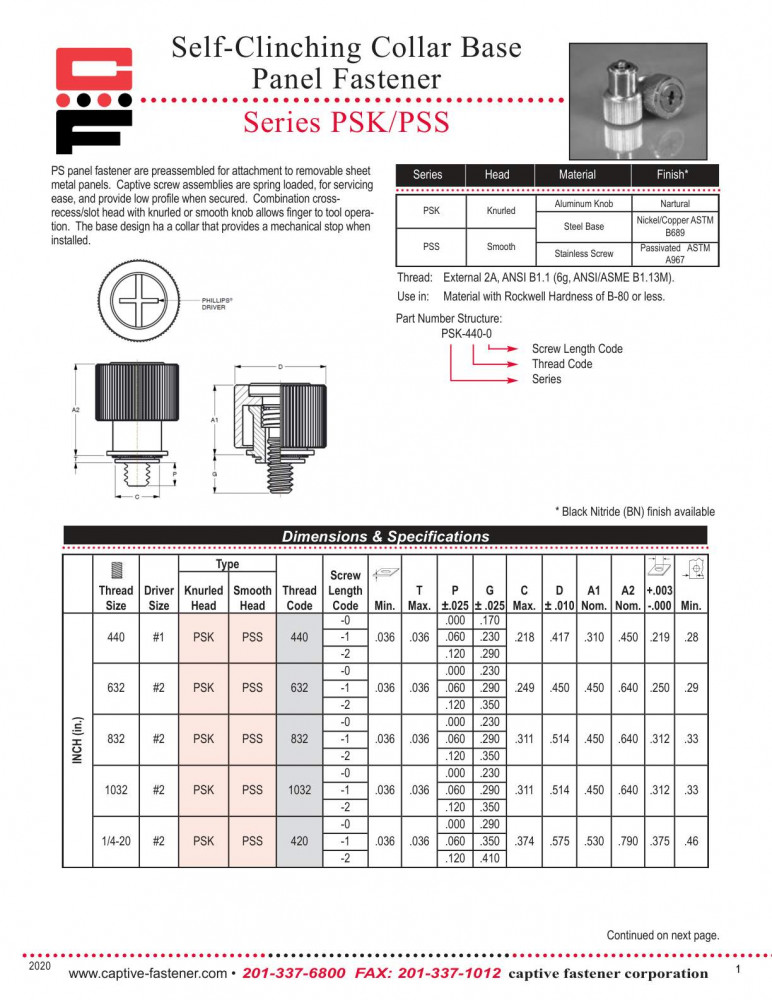 Captive Fastener PSK/PSS product document, page 1