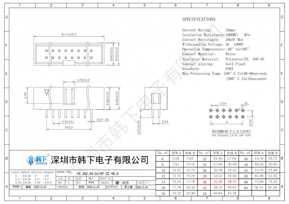 HX JN2.54-2x15P ZZ H8.9 technical drawing